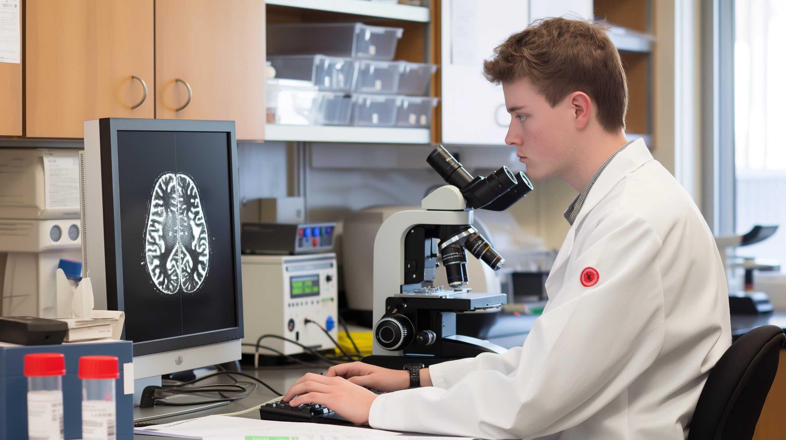 Scientist in lab coat analyzing brain scan on computer screen ...