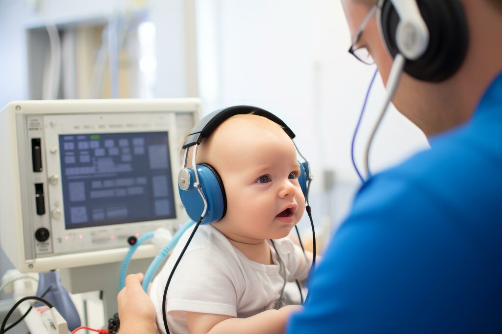 Doctor performing hearing screening test on infant patient - Buffalo ...